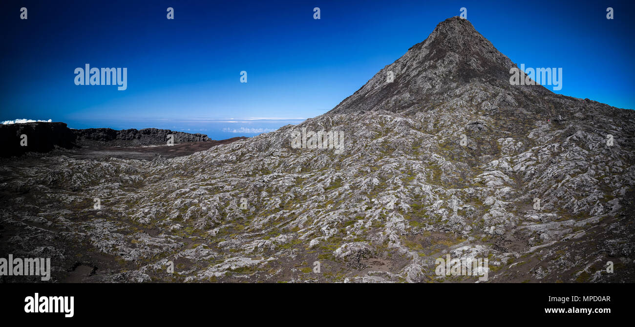 Panorama inside crater of Pico volcano and Piquinho pinnacle at Azores ...