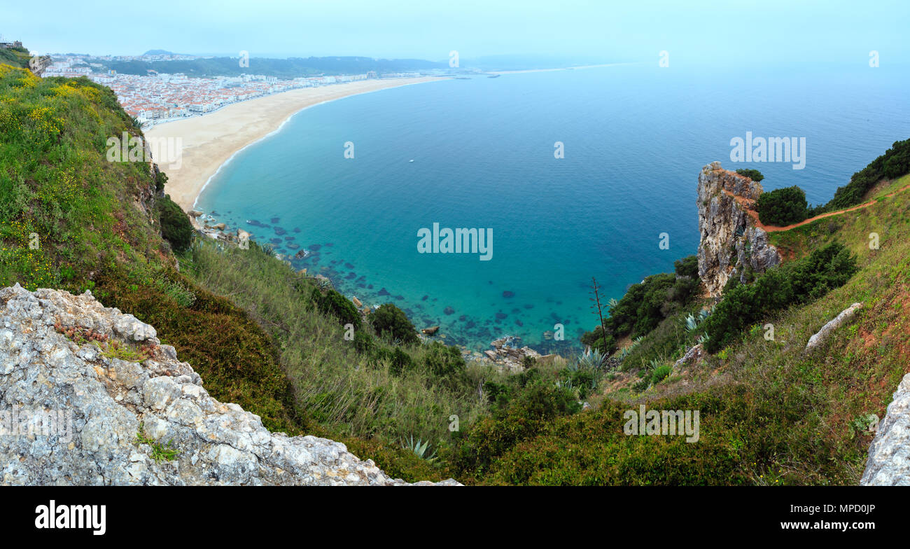 Nazare coast summer misty top view (Portugal). Two shots stitch ...