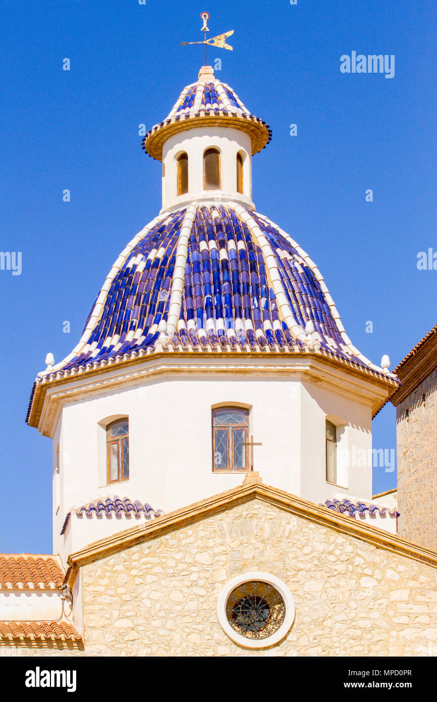 Dome and tower of the Virgin of the Consol church in Altea, Spain Stock ...