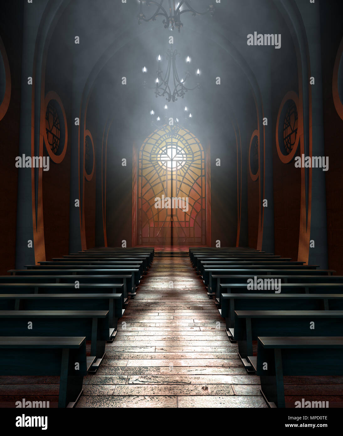 A dark grand church interior lit by suns rays penetrating through a ...