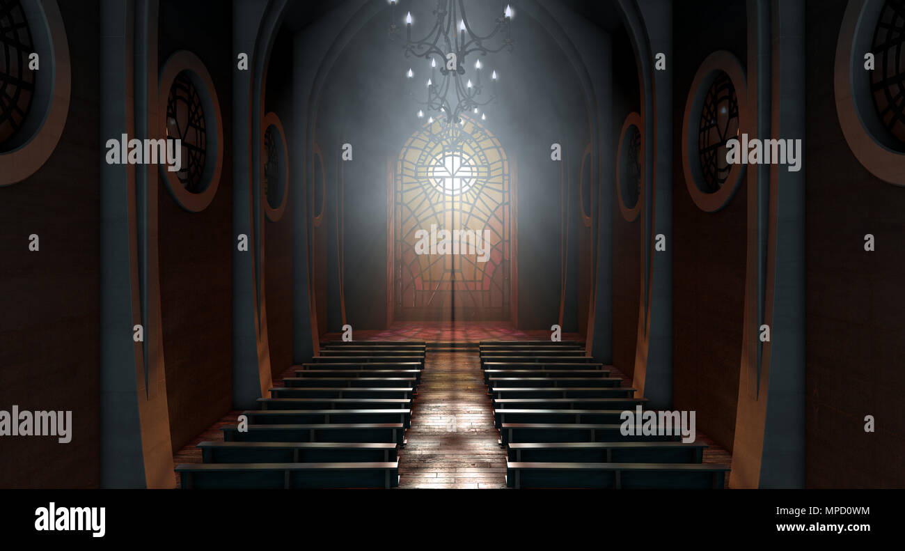 A dark grand church interior lit by suns rays penetrating through a ...