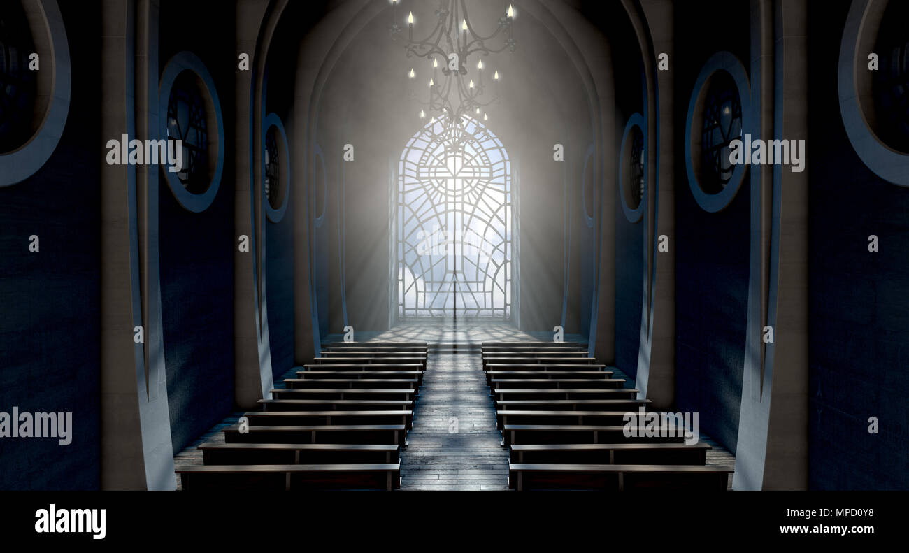 A dark grand church interior lit by suns rays penetrating through a ...