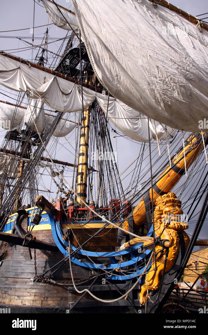 three-master ship with golden figurehead Stock Photo - Alamy