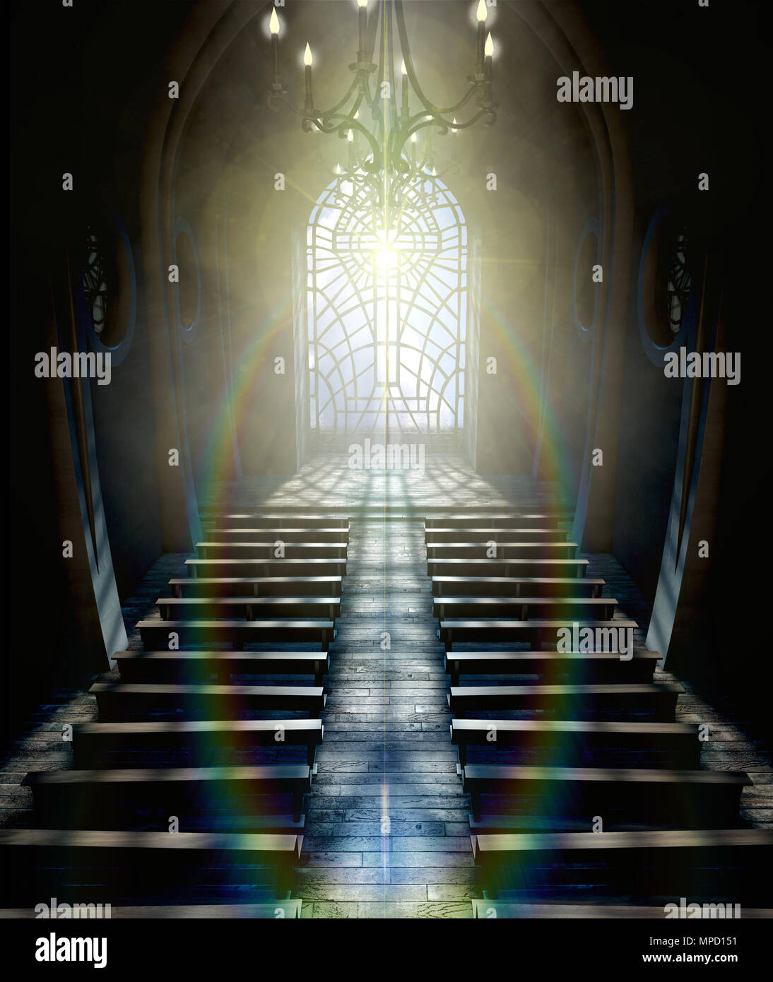 A dark grand church interior lit by suns rays penetrating through a ...