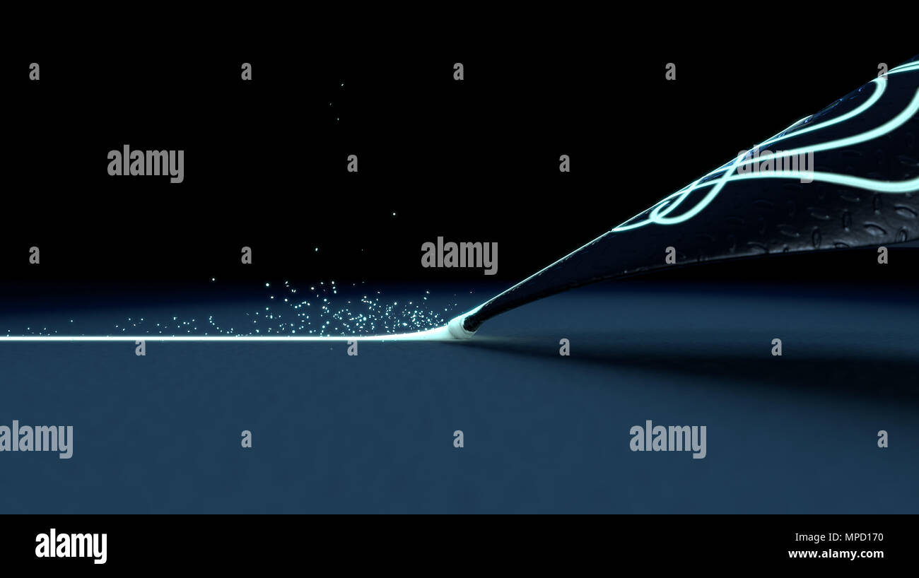 A closeup view of a futuristic fountain pen nib drawing a straight ink ...