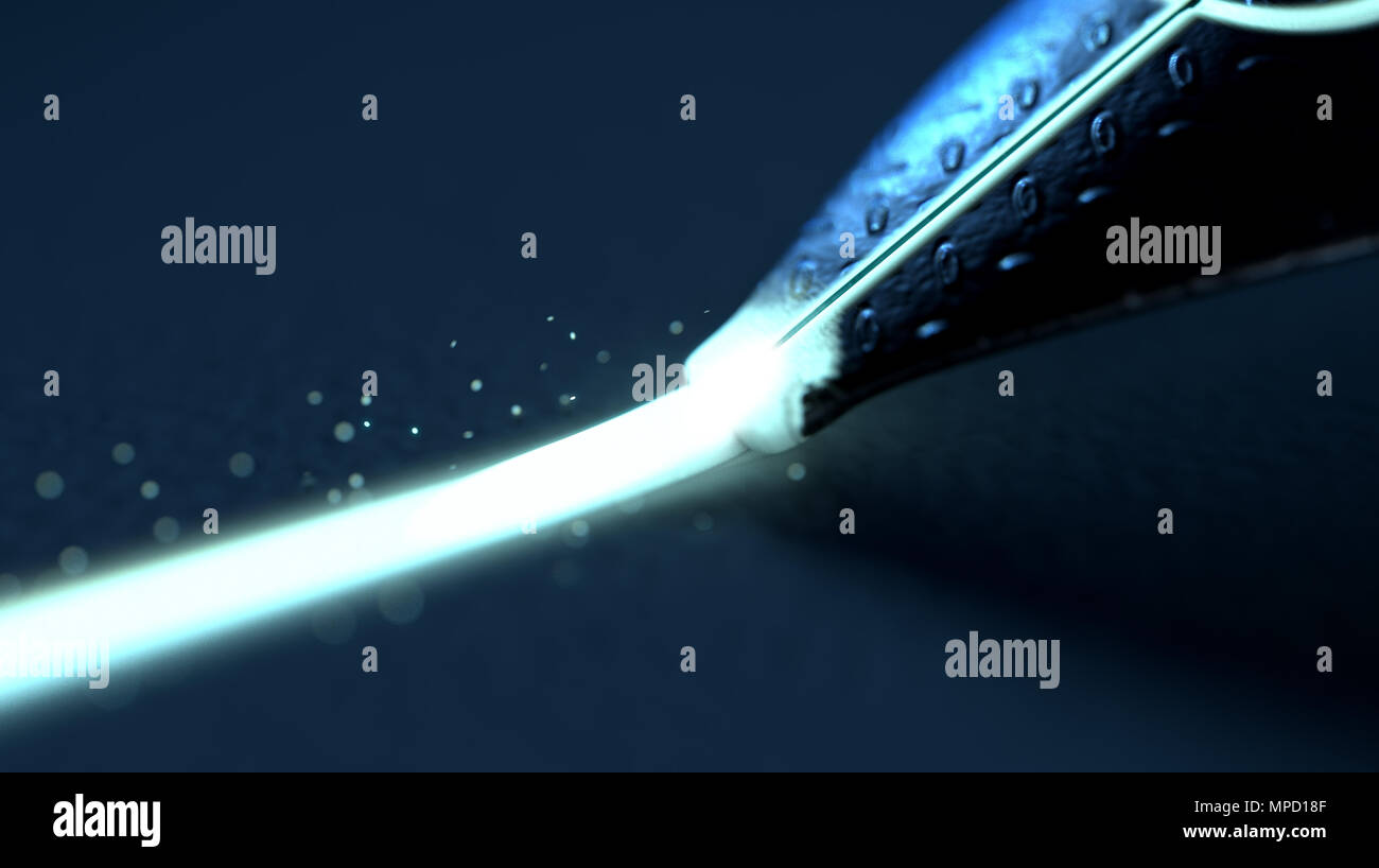 A closeup view of a futuristic fountain pen nib drawing a straight ink ...