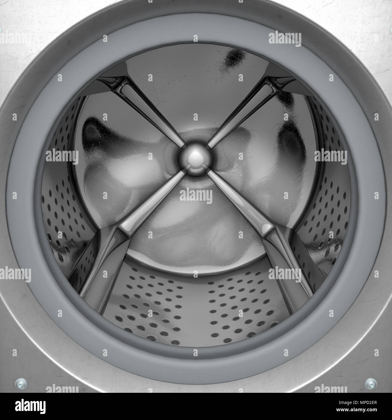 A closeup from the outside of an industrial washing machine looking ...