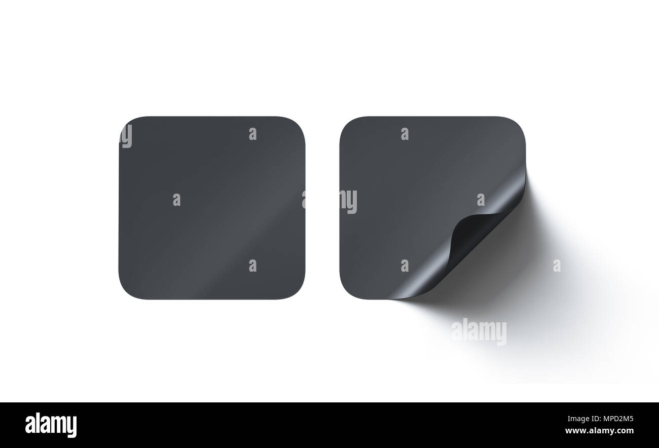 Blank black square adhesive stickers mock up with curved corner, 3d ...