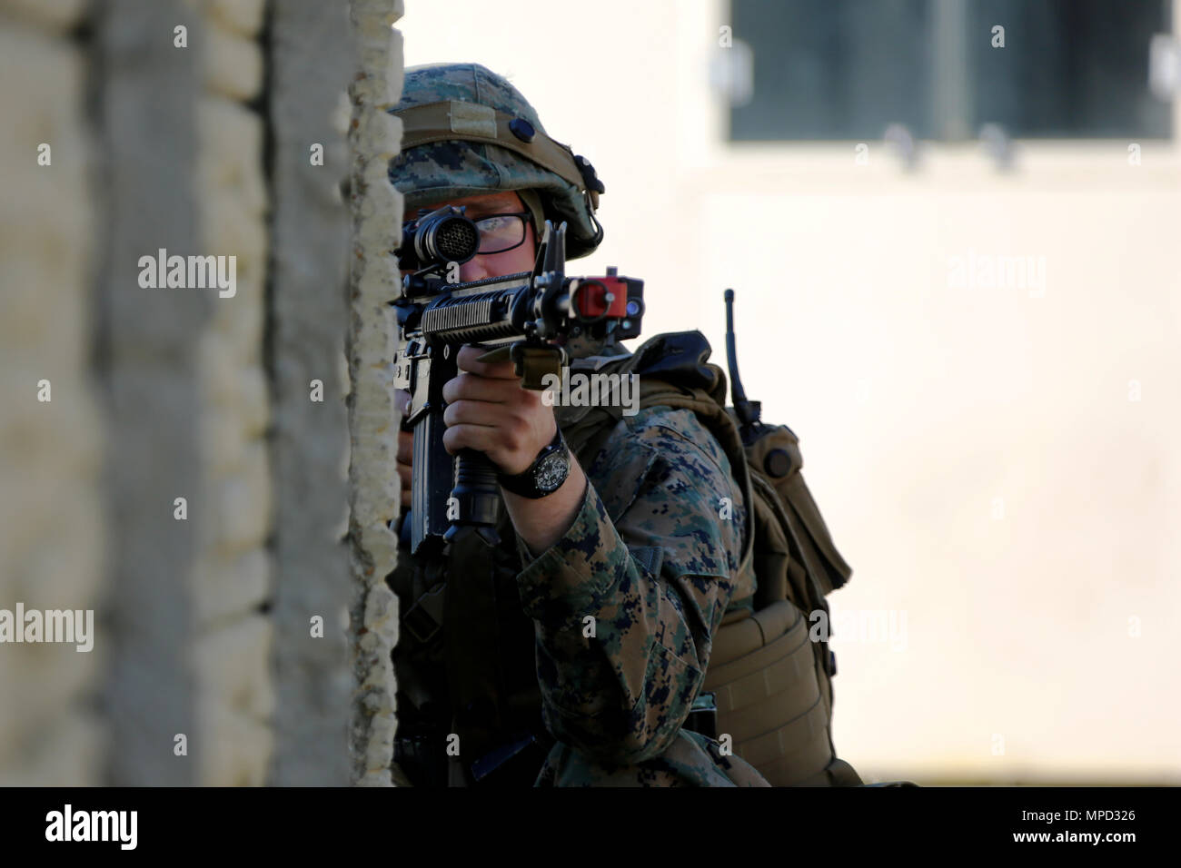 Pfc. Jacob Maze peers through his scope during Marine Wing Support ...