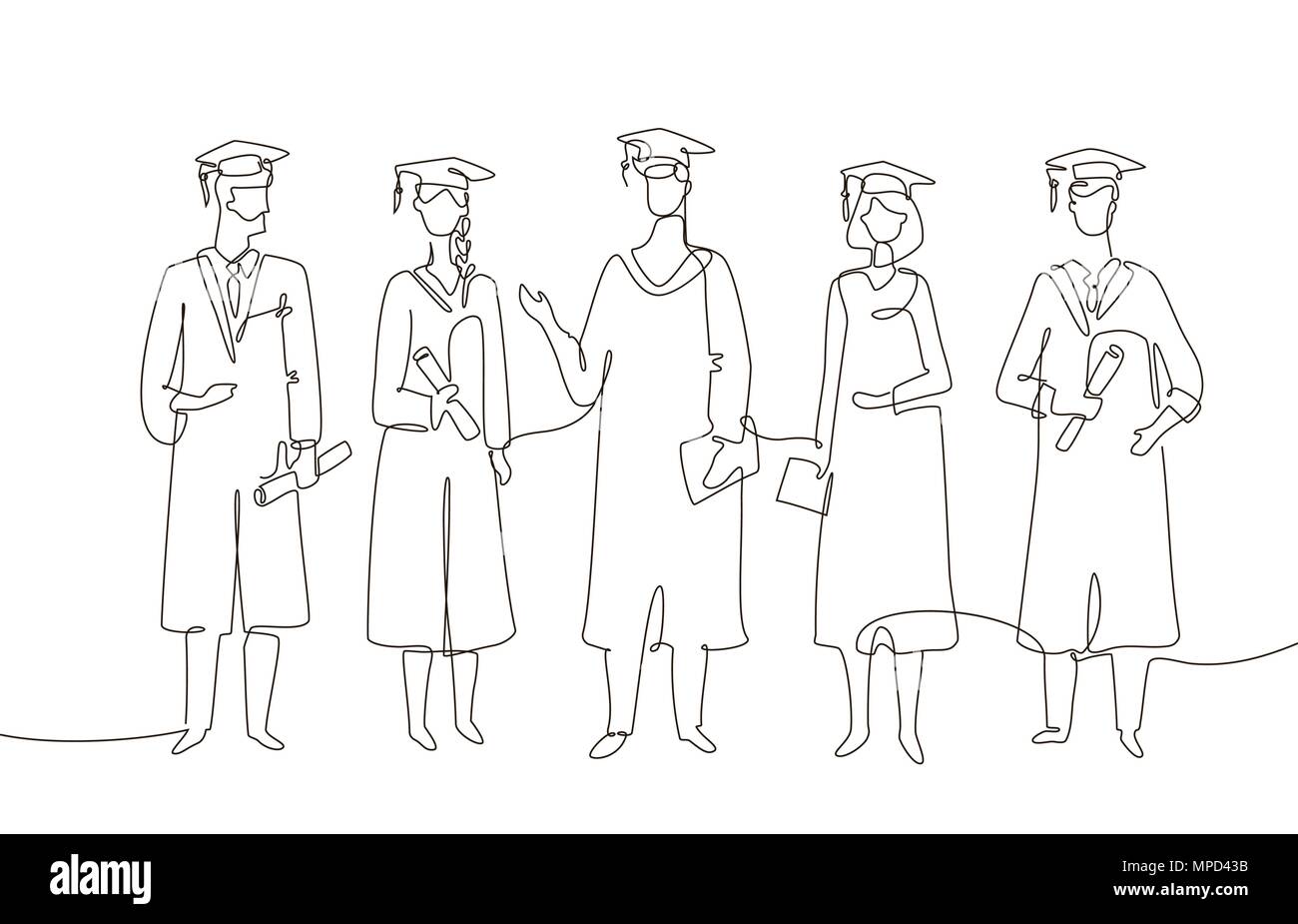 Graduating students - one line design style illustration Stock Vector ...