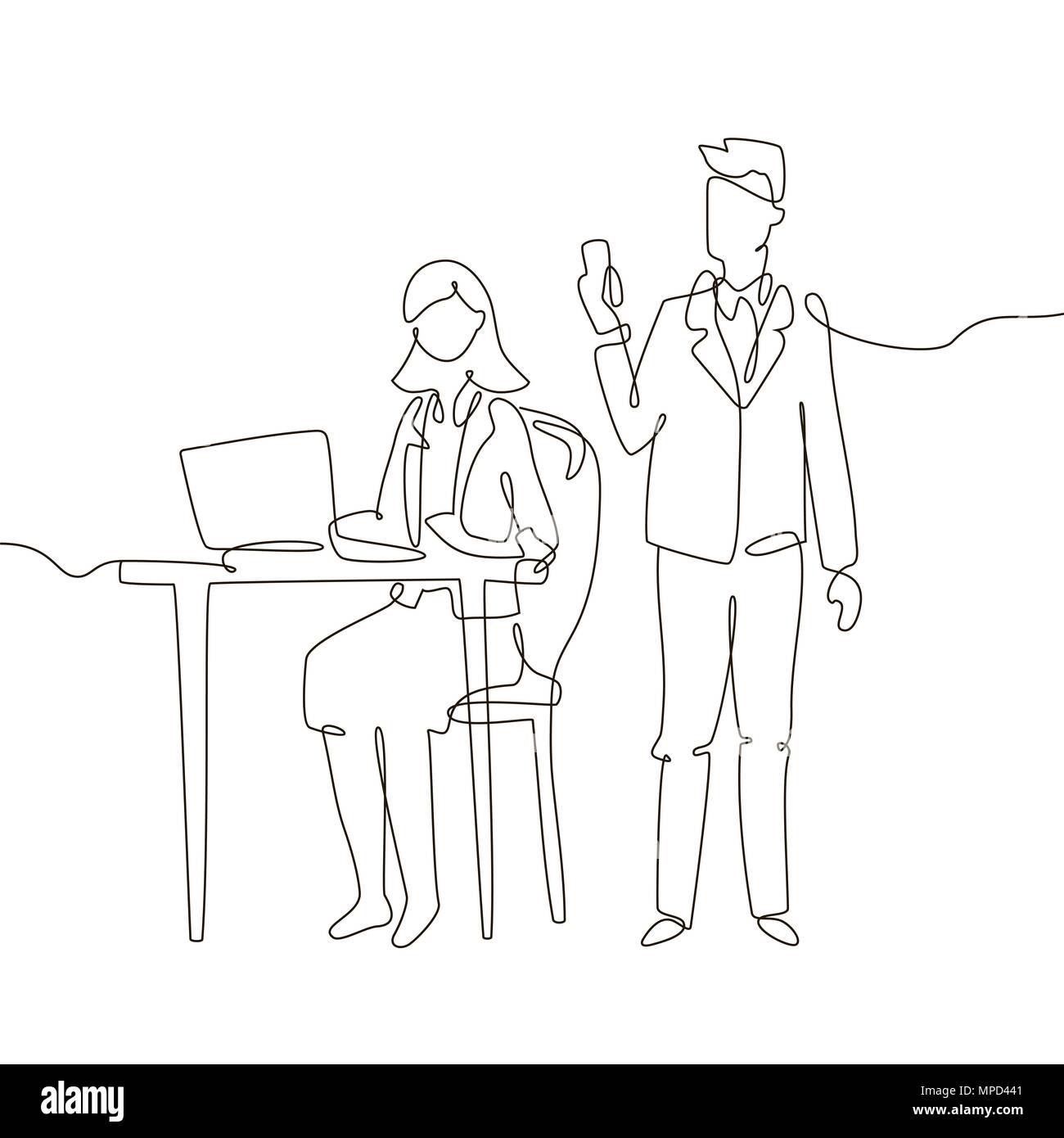 Office workers - one line design style illustration Stock Vector Image ...