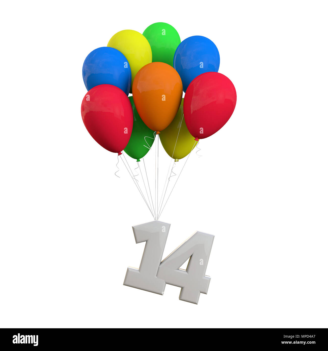 Number 14 party celebration. Number attached to a bunch of balloons. 3D ...