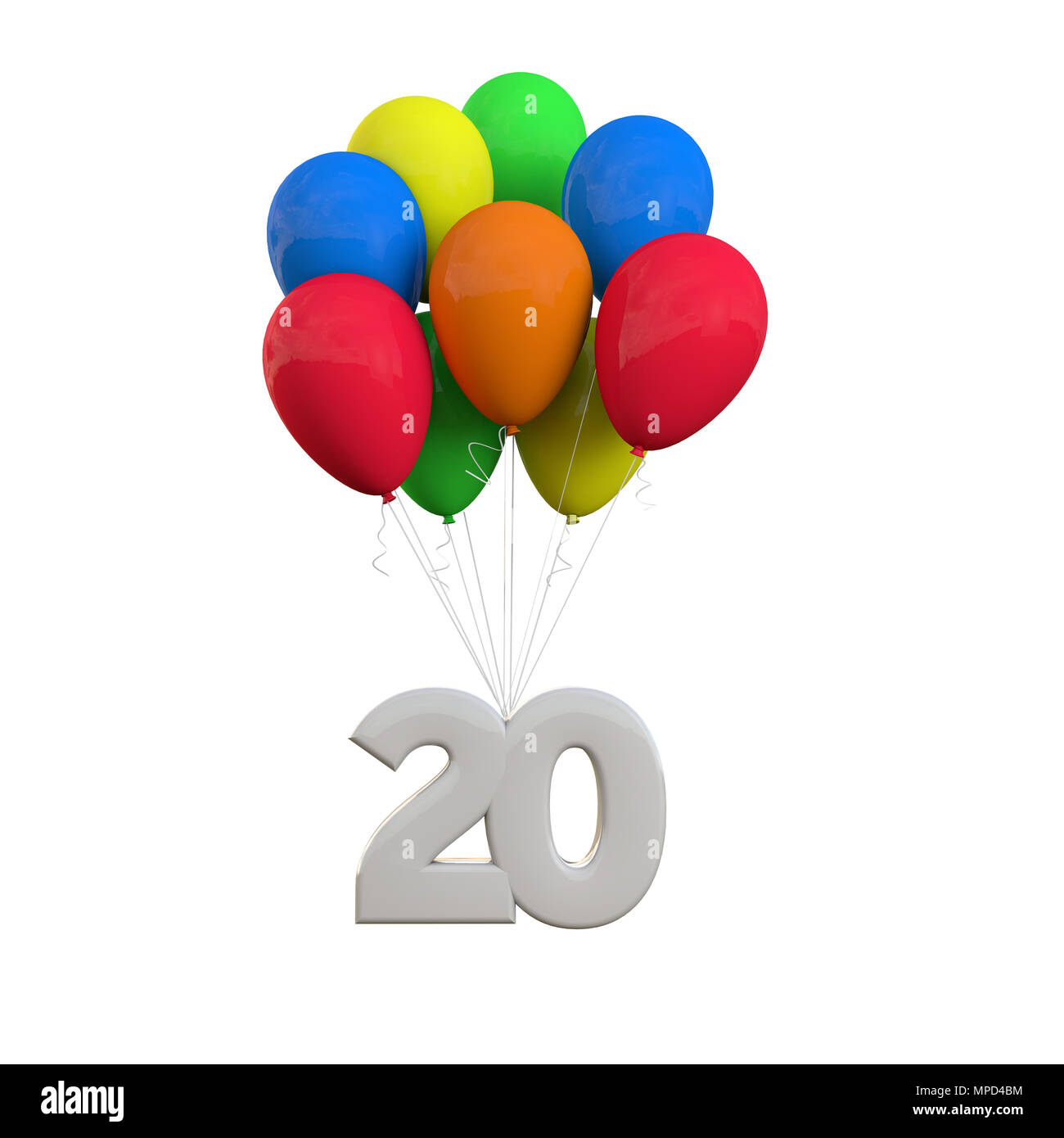 Number 20 party celebration. Number attached to a bunch of balloons. 3D ...