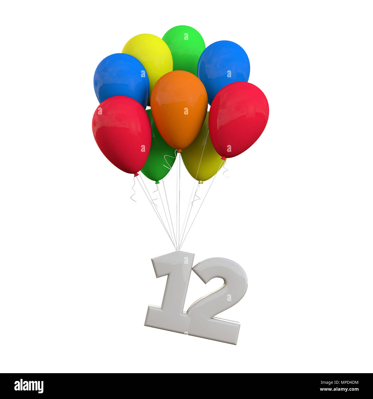 Number 12 party celebration. Number attached to a bunch of balloons. 3D ...