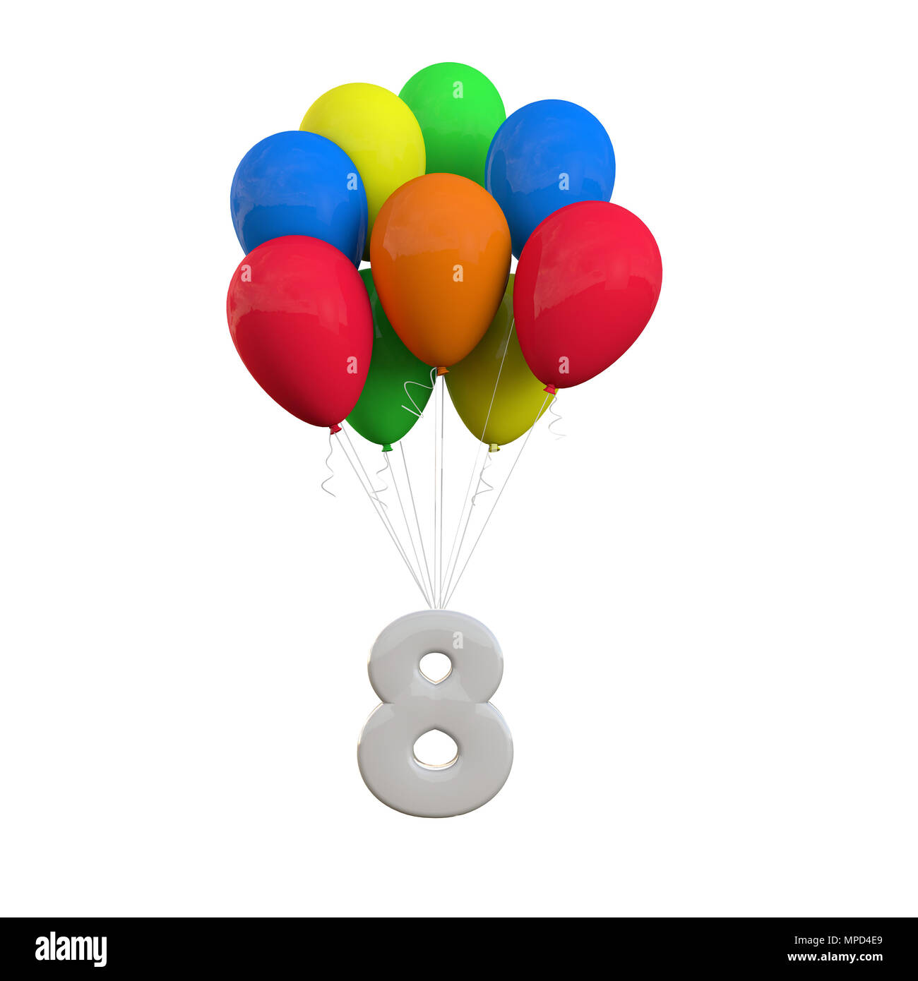 Number 8 party celebration. Number attached to a bunch of balloons. 3D ...