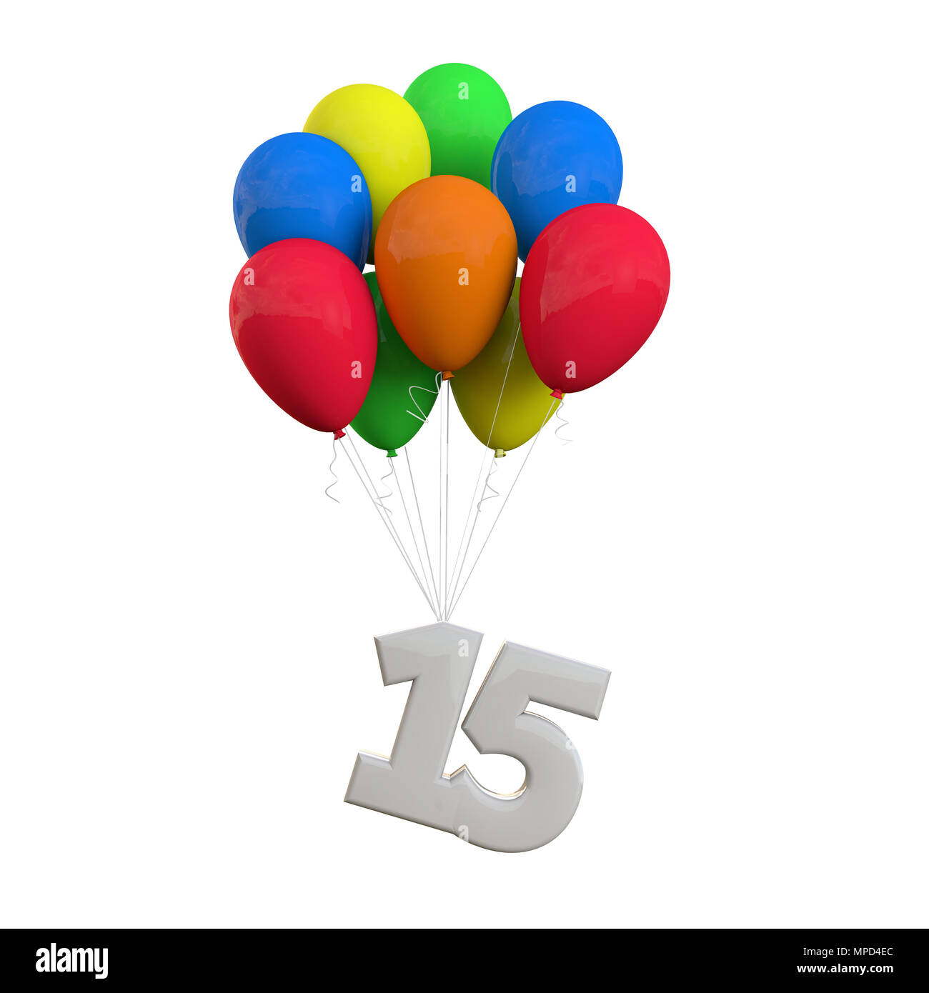 Number 15 party celebration. Number attached to a bunch of balloons. 3D ...