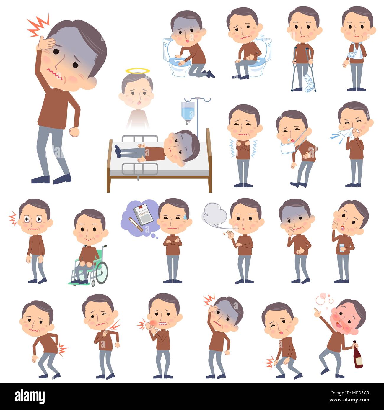Set of various poses of Brown high neck Middle aged man sickness Stock ...