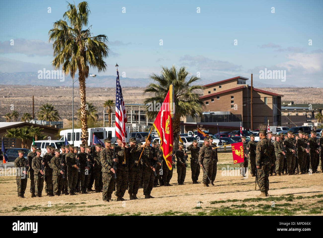 The color guard for 2nd Battalion, 7th Marine Regiment, carries the ...