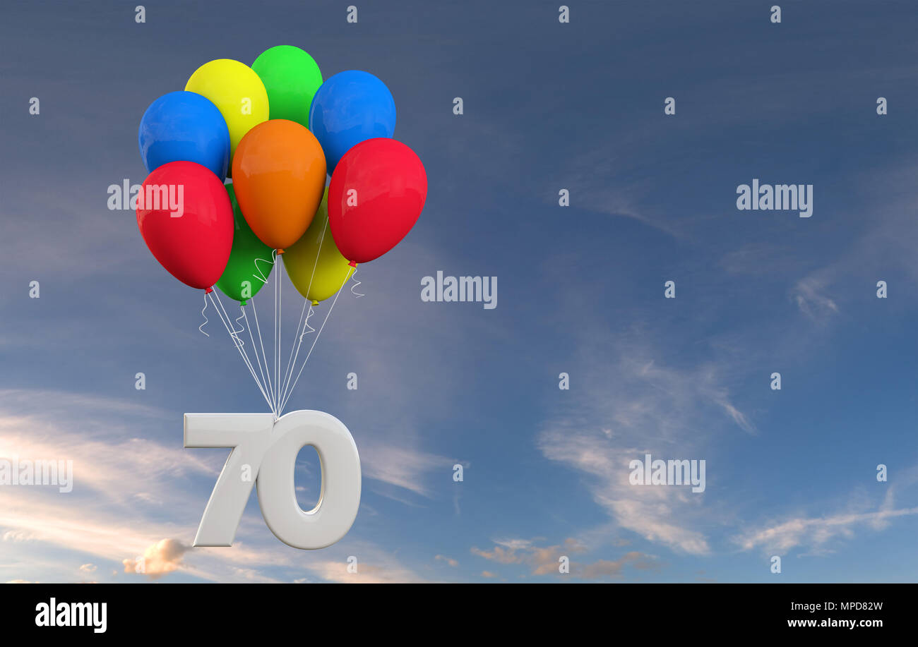 Number 70 party celebration. Number attached to a bunch of balloons. 3D ...