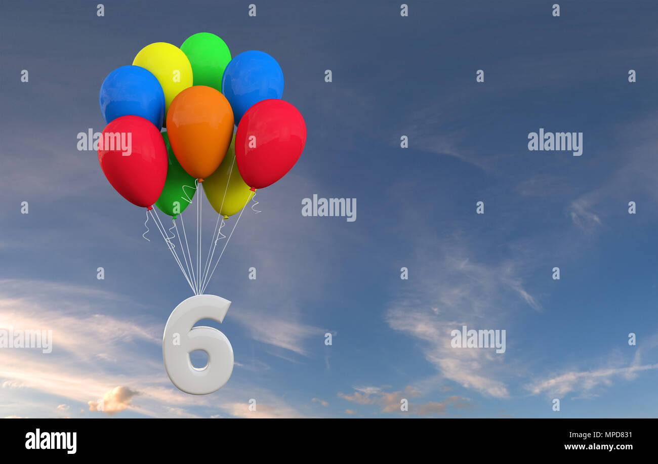 Number 6 party celebration. Number attached to a bunch of balloons. 3D ...