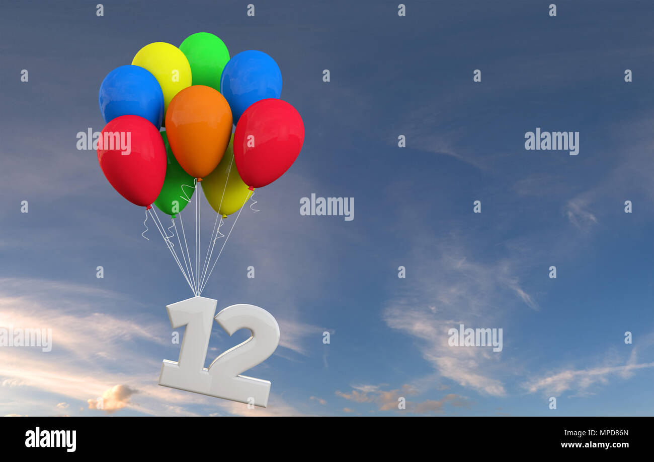 Number 12 party celebration. Number attached to a bunch of balloons. 3D ...