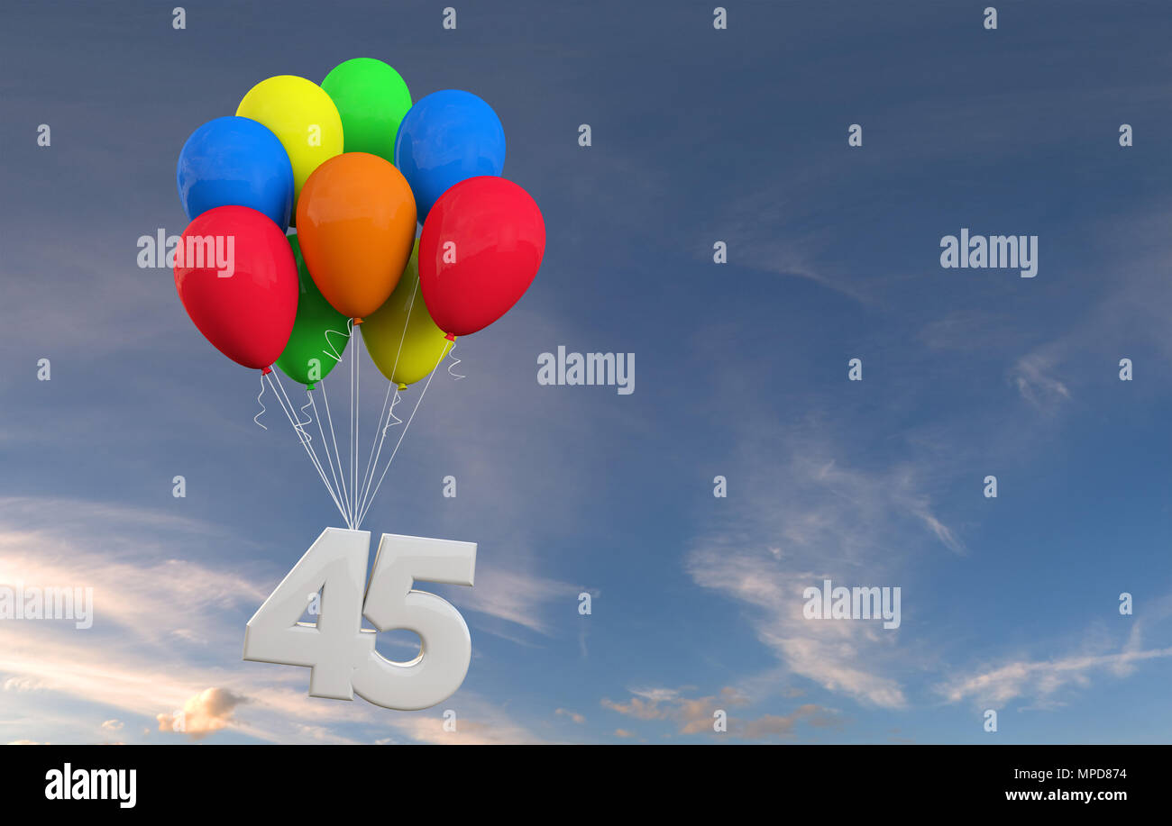Number 45 party celebration. Number attached to a bunch of balloons. 3D ...