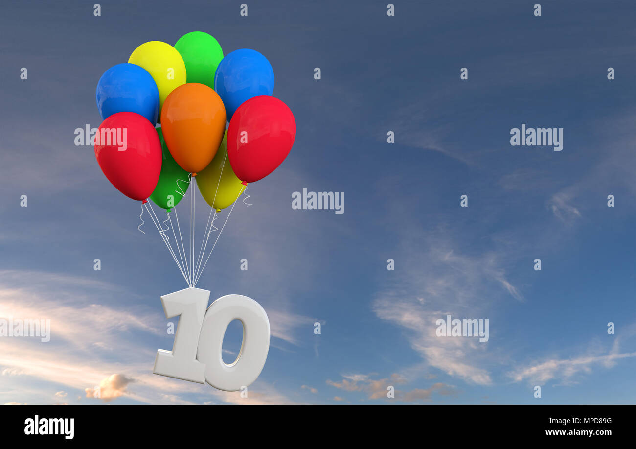 Number 10 party celebration. Number attached to a bunch of balloons. 3D ...