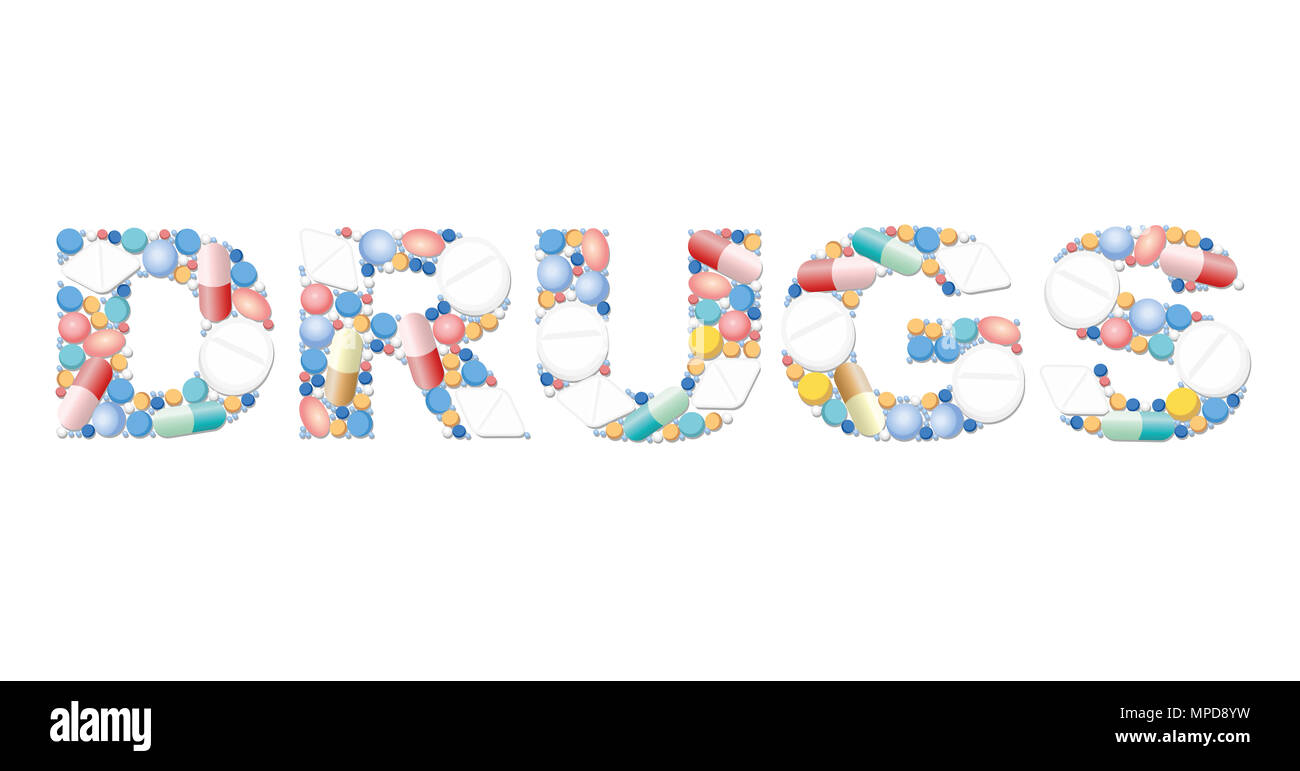 DRUGS written with pills and capsules - illustration on white ...