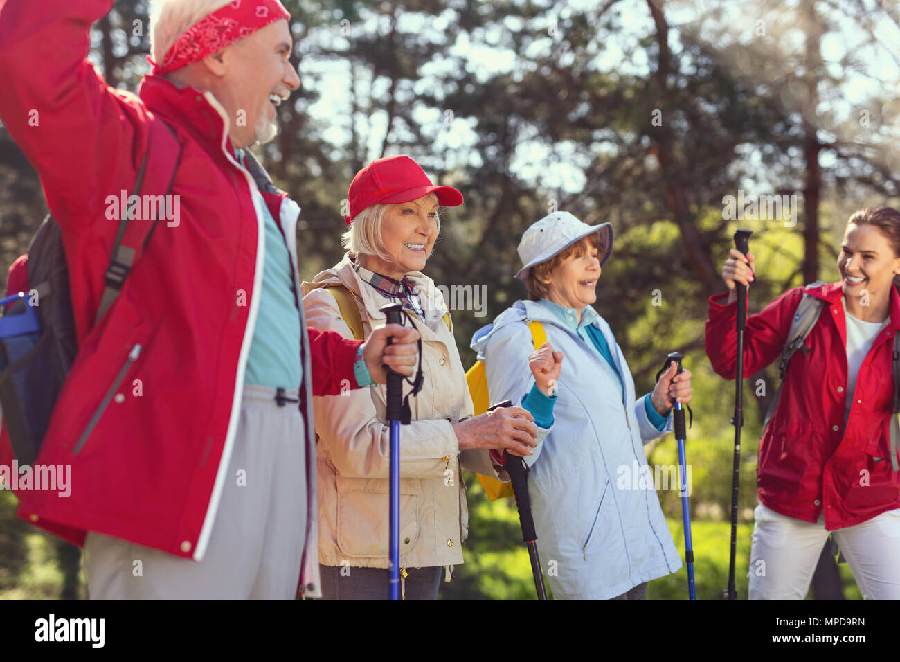 Happy team hiking in the woods Stock Photo - Alamy