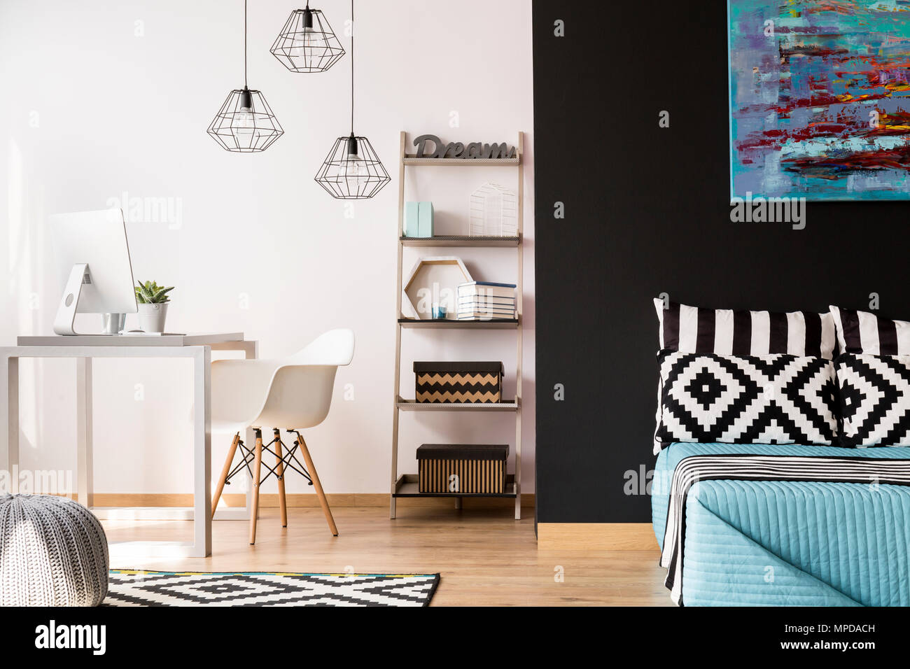 Black and white interior with modern furniture, pattern decorative ...