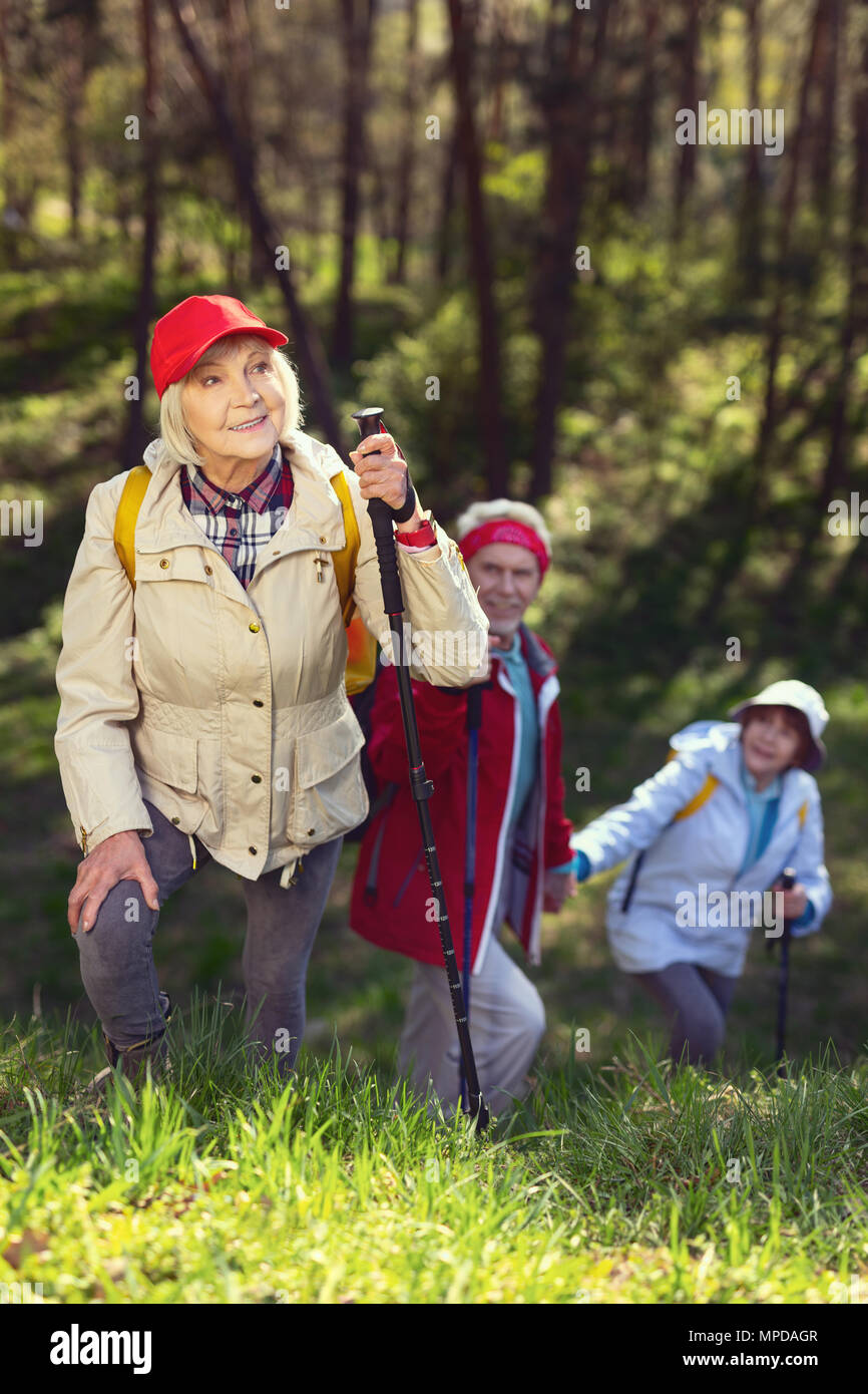 Happy hikers walking in the woods Stock Photo - Alamy