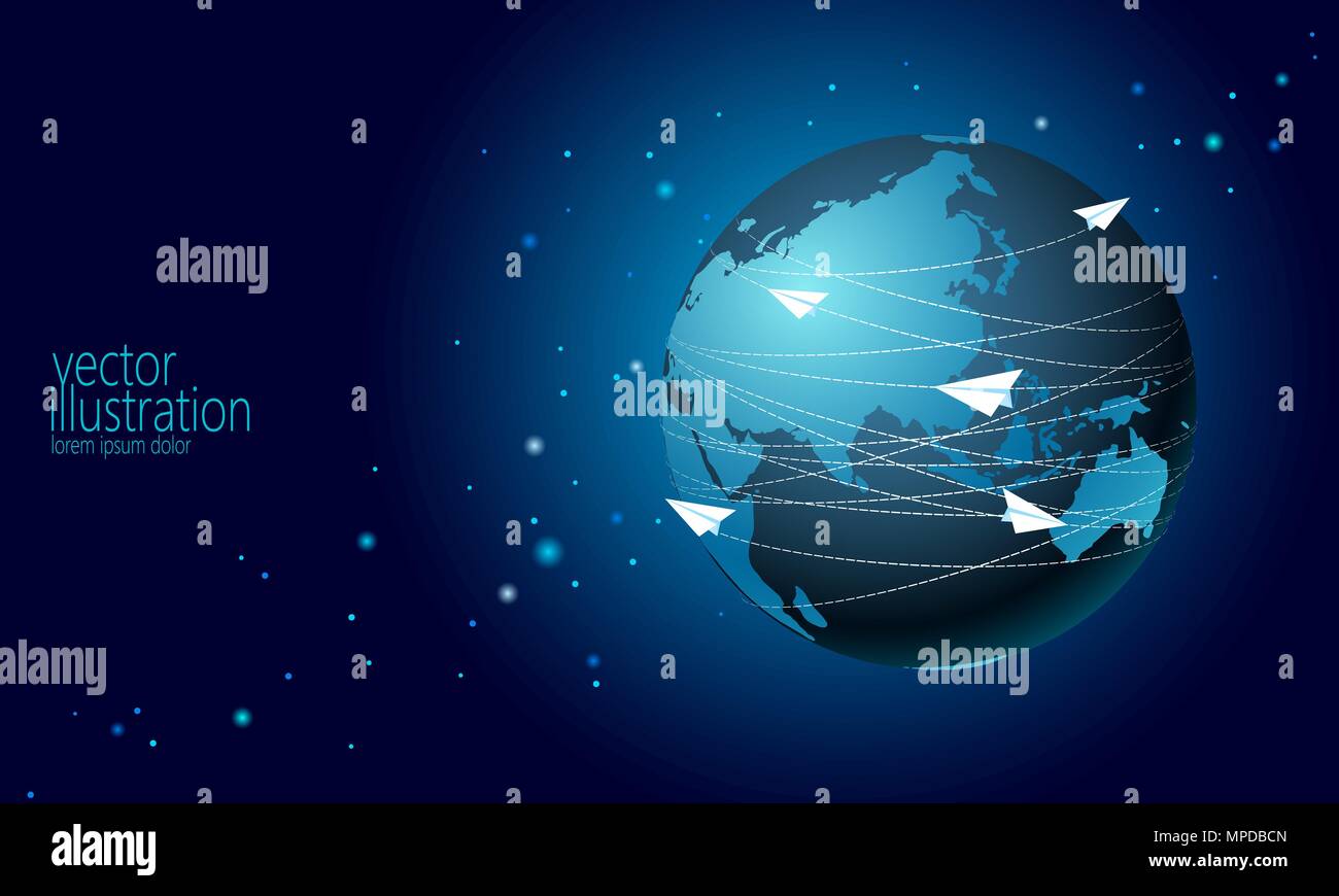 Planet Earth with paper plane messaging letters. Online internet ...