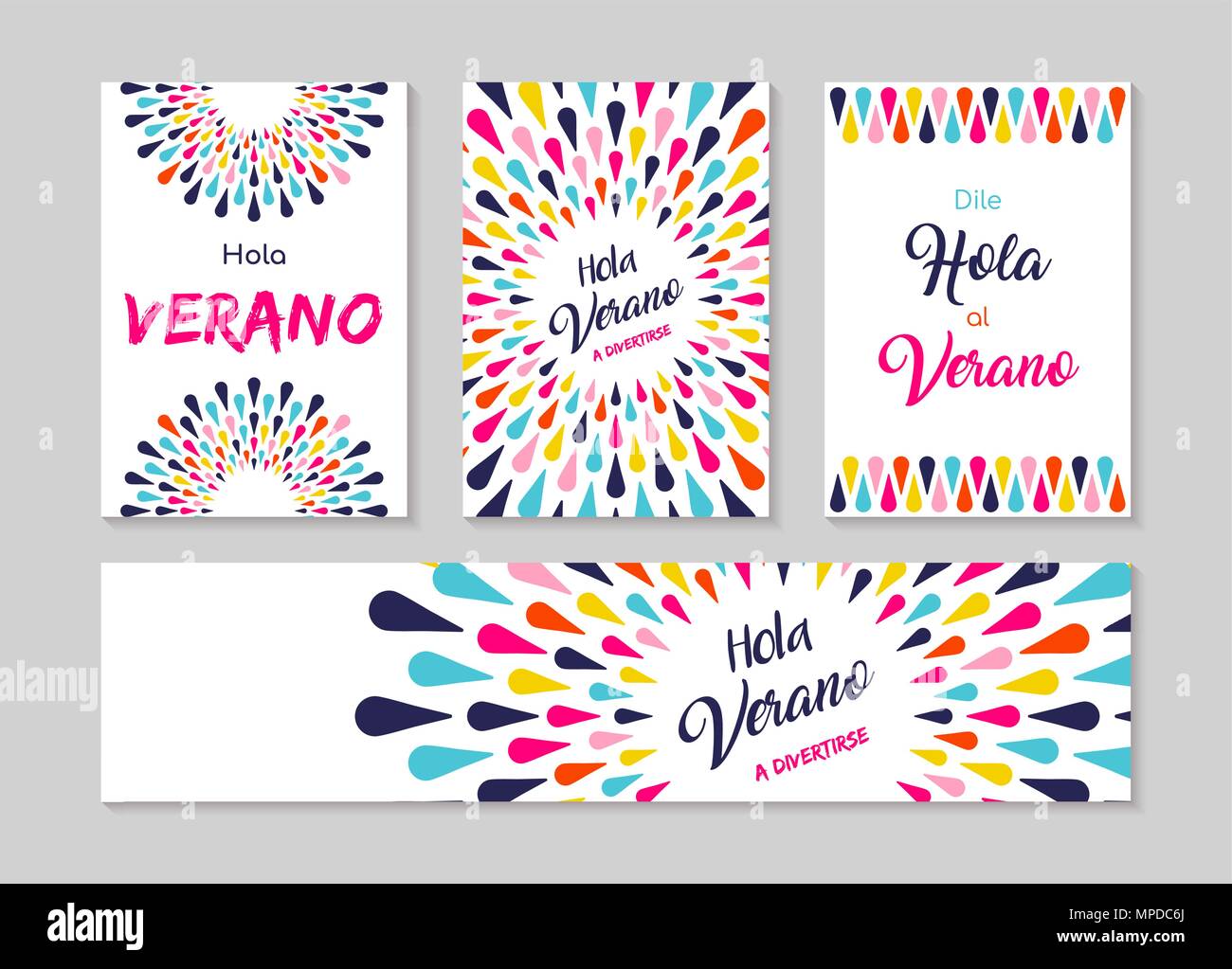 Hello summer greeting card set in spanish language, enjoy vacation with ...