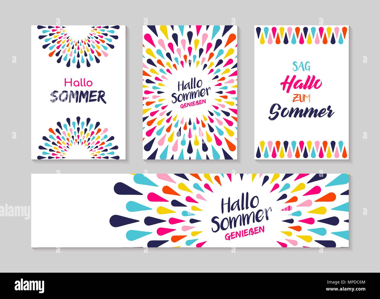 Hello summer greeting card set in german language, enjoy vacation with ...