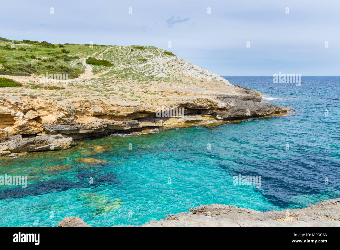 Mallorca, Blue clear clean sea water of little bay Cala Estreta on ...