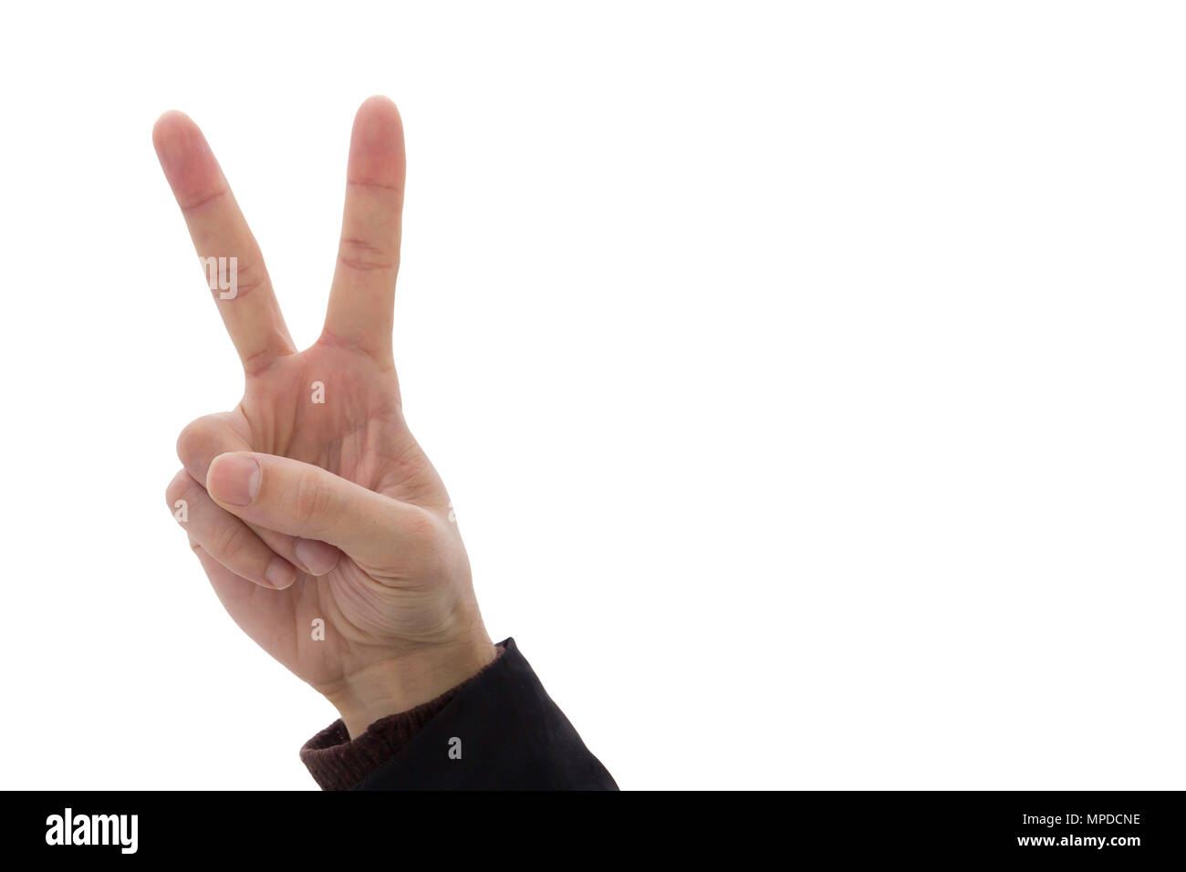 Gesture of victory raised two fingers upward on white background Stock ...
