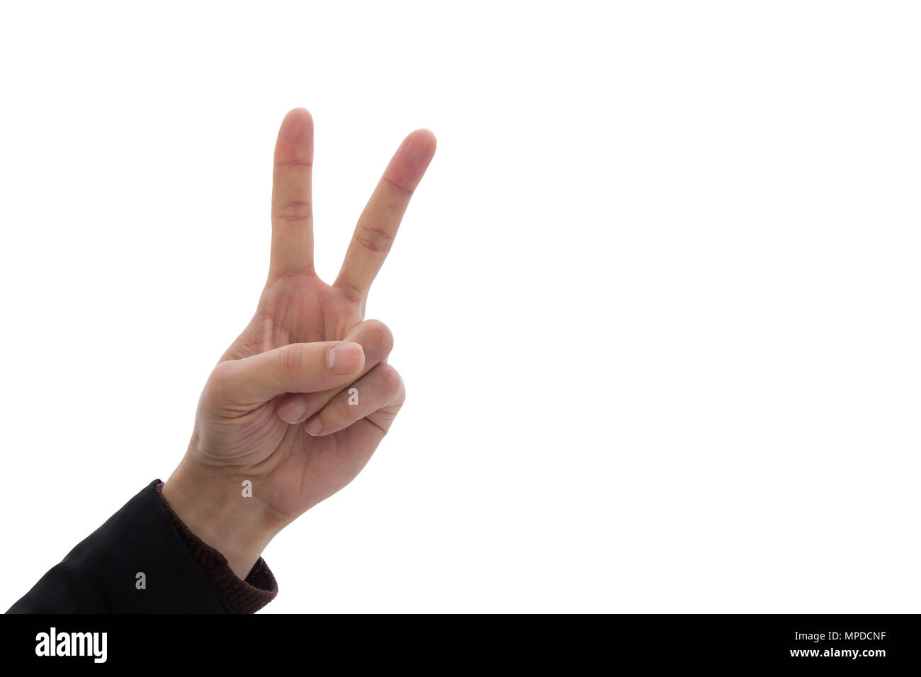 Gesture of victory raised two fingers upward on white background Stock ...