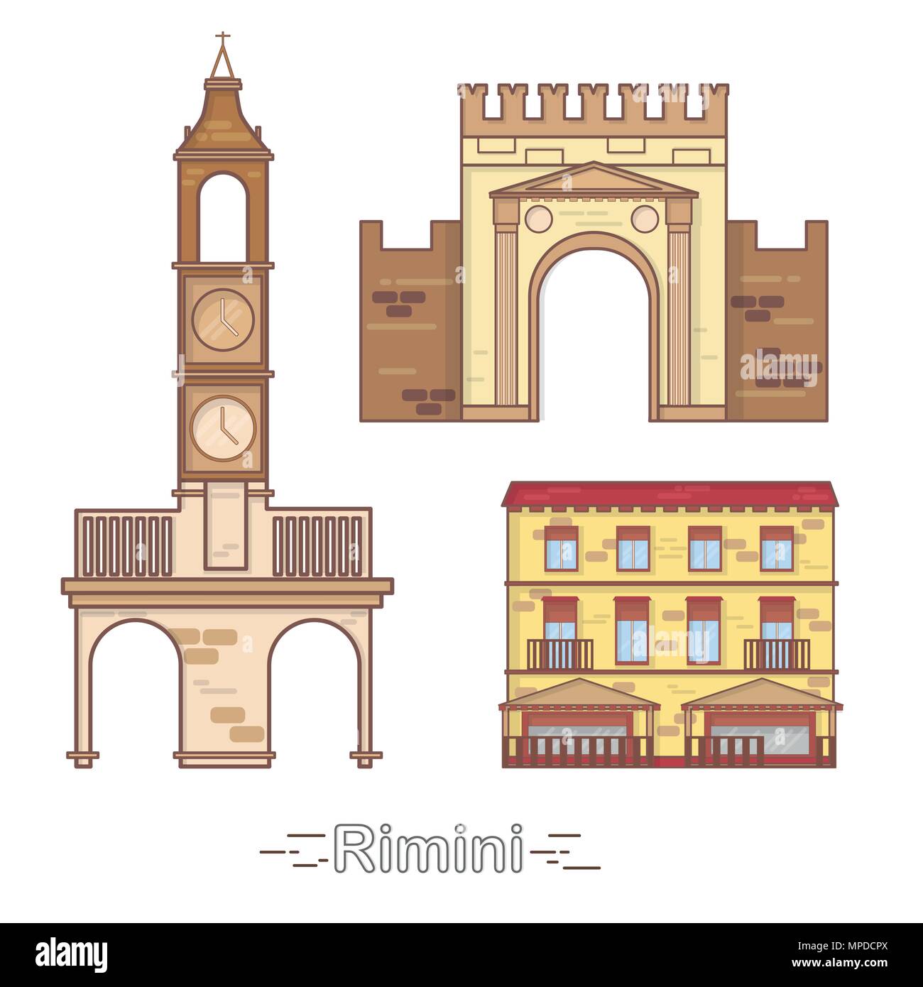 Italy, Rimini outline city buildings, linear illustration, travel ...