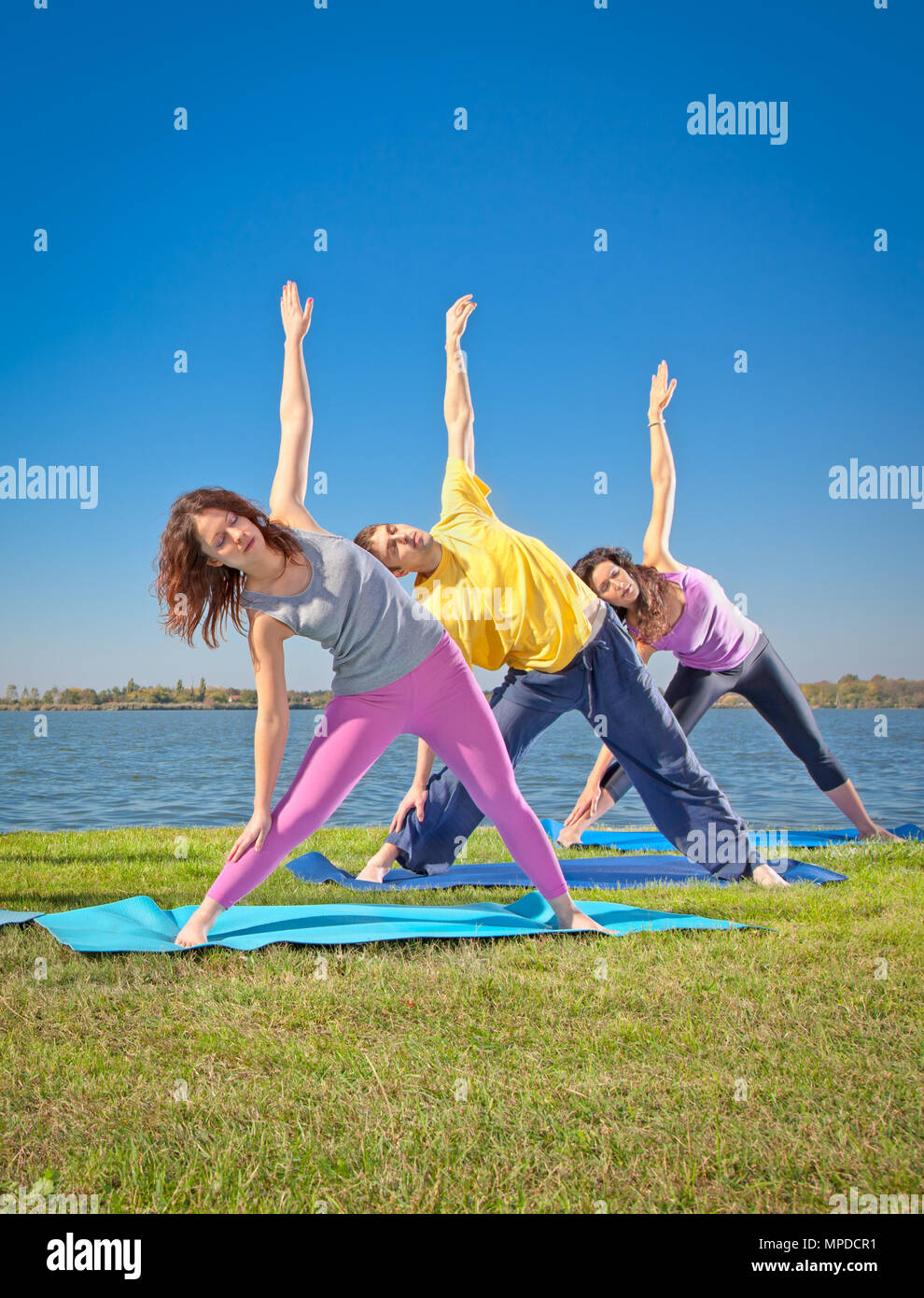 Tree people practice Yoga asana at lakeside on suny day. Yoga concept ...