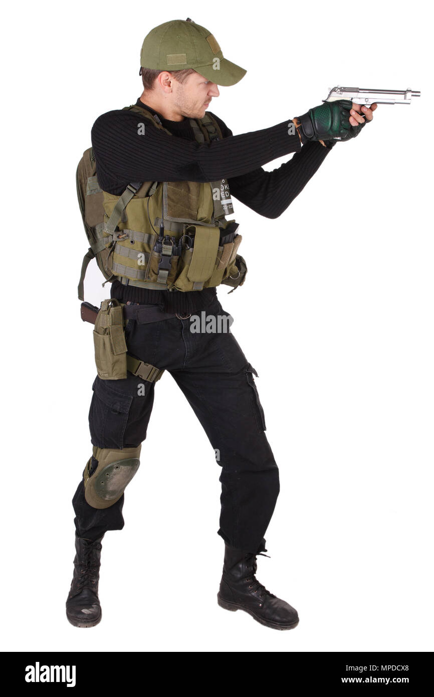 mercenary with handgun isolated on white Stock Photo - Alamy