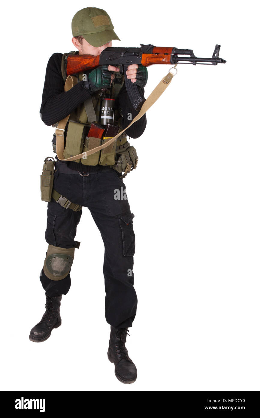mercenary with AK 47 gun isolated on white Stock Photo - Alamy