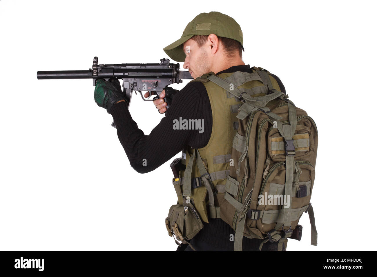 mercenary with mp5 submachine gun isolated on white Stock Photo - Alamy