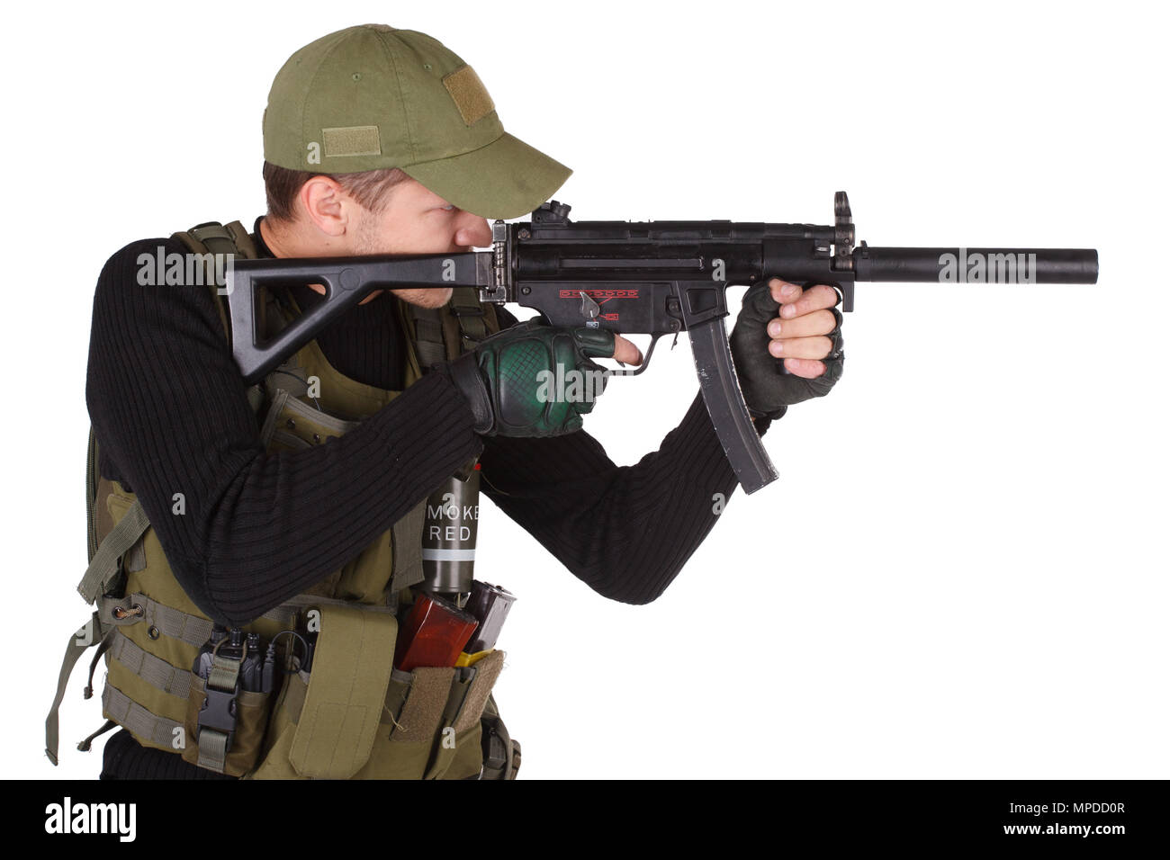 mercenary with mp5 submachine gun isolated on white Stock Photo - Alamy