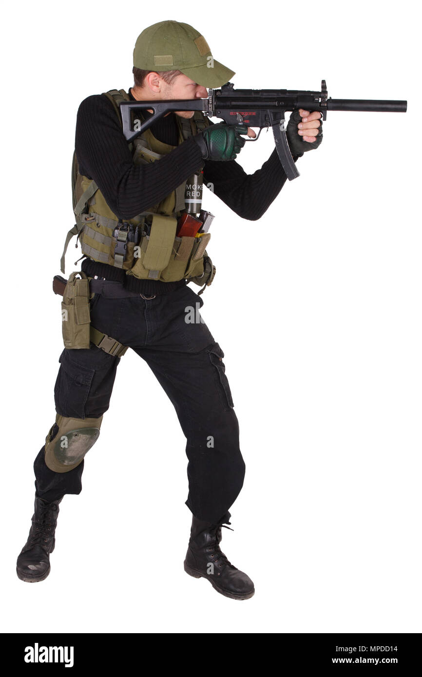 mercenary with mp5 submachine gun isolated on white Stock Photo - Alamy