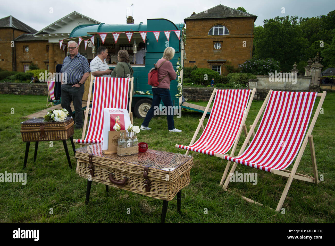 Striped deck chairs at Althorp food and drink show house picnic basket ...