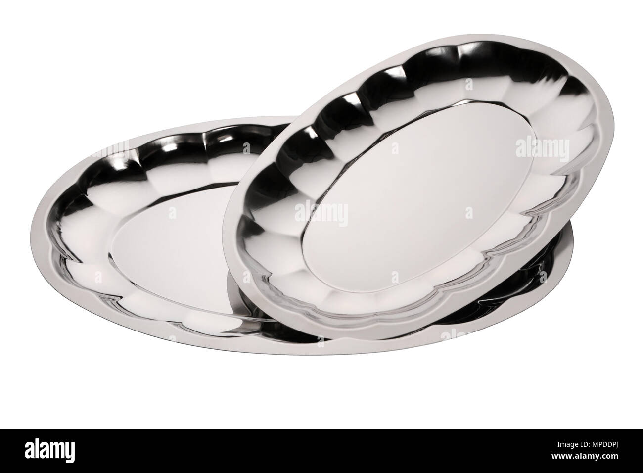 Set of stainless trays on white background. Empty serving tray. Silver ...