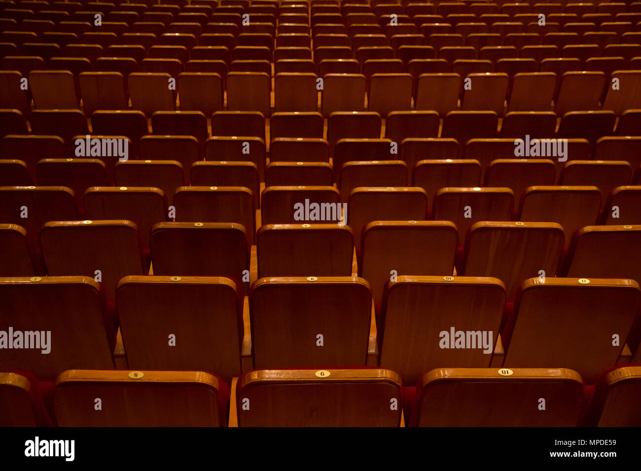 Empty rows of seats without people in cinema or concert hall view from ...
