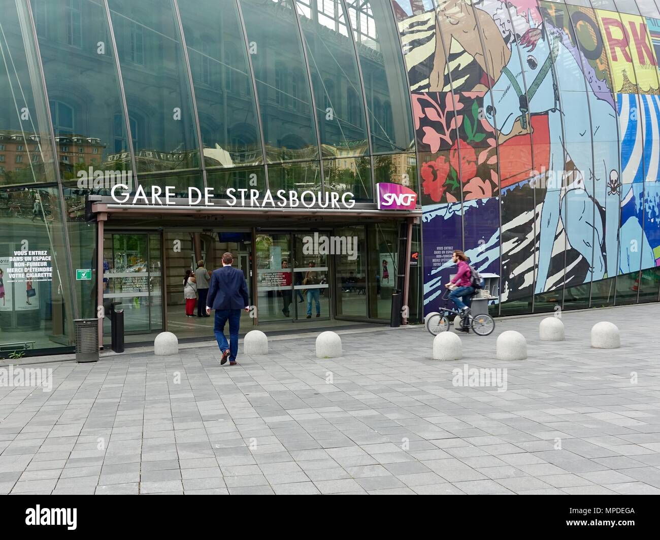Entrance to the SNCF Train station with people, Strasbourg, France ...