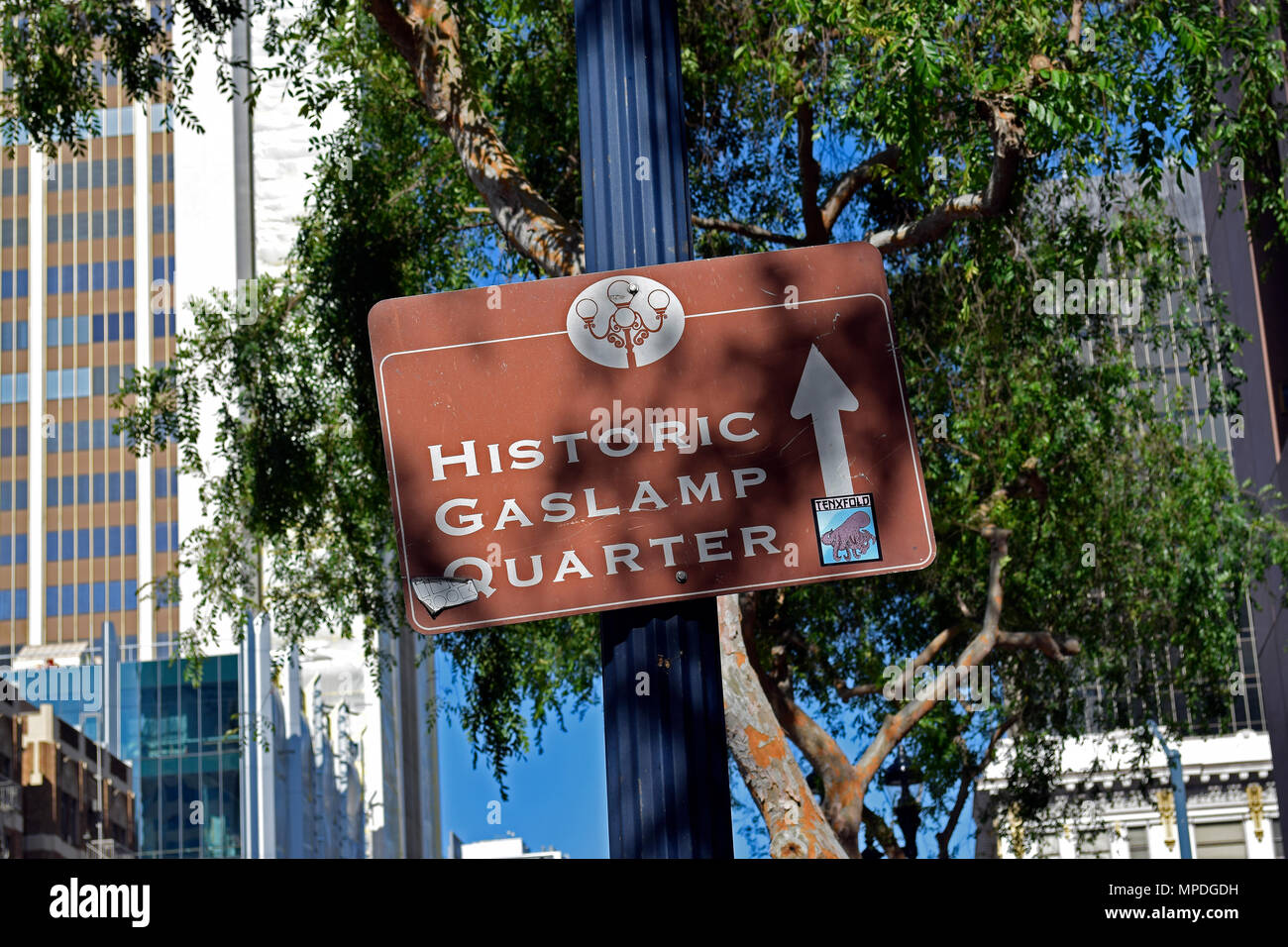 Historic Gaslamp Quarter sign on street lamp in San Diego, California ...