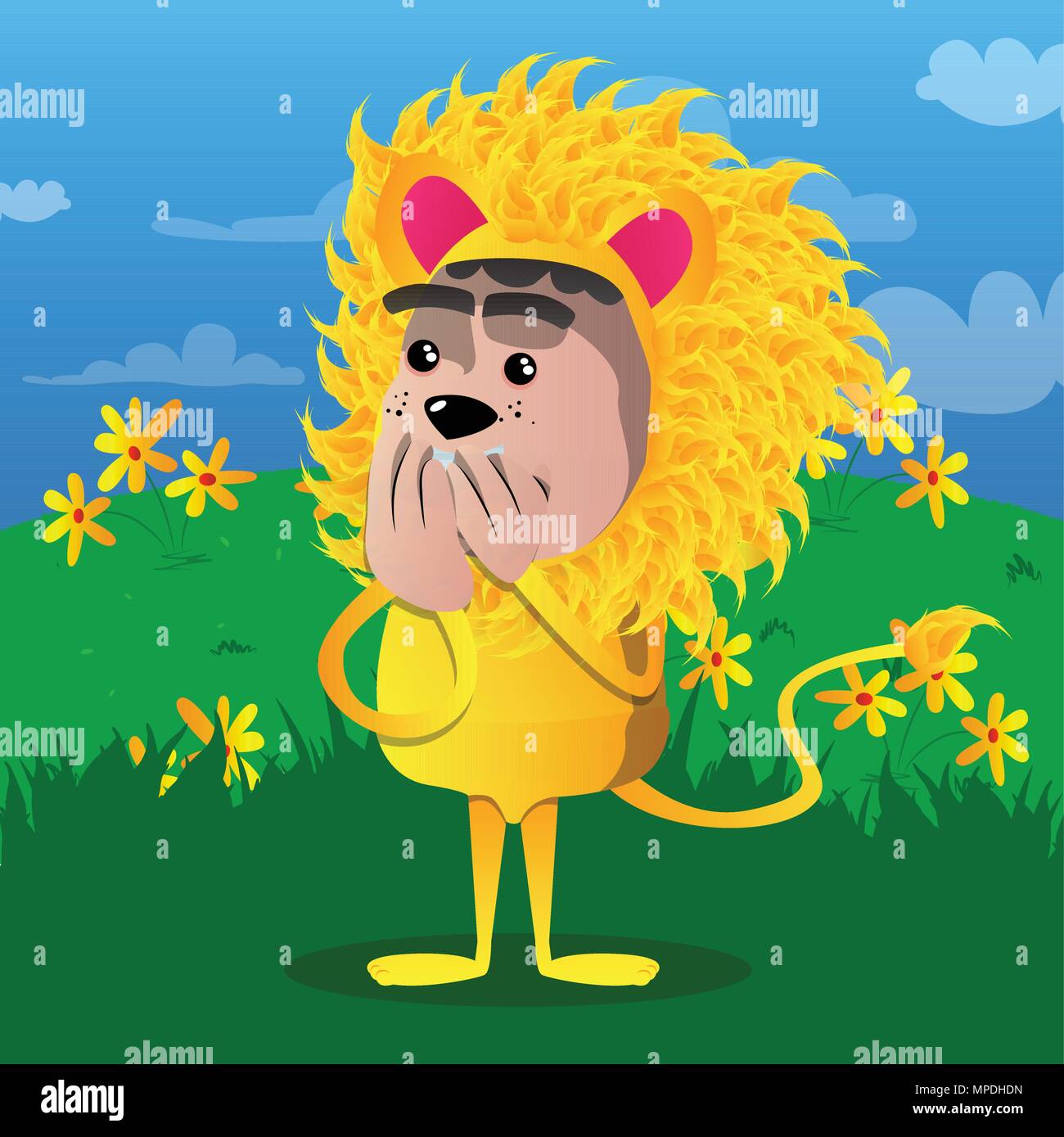 Boy dressed as lion with hands over mouth. Vector cartoon character ...